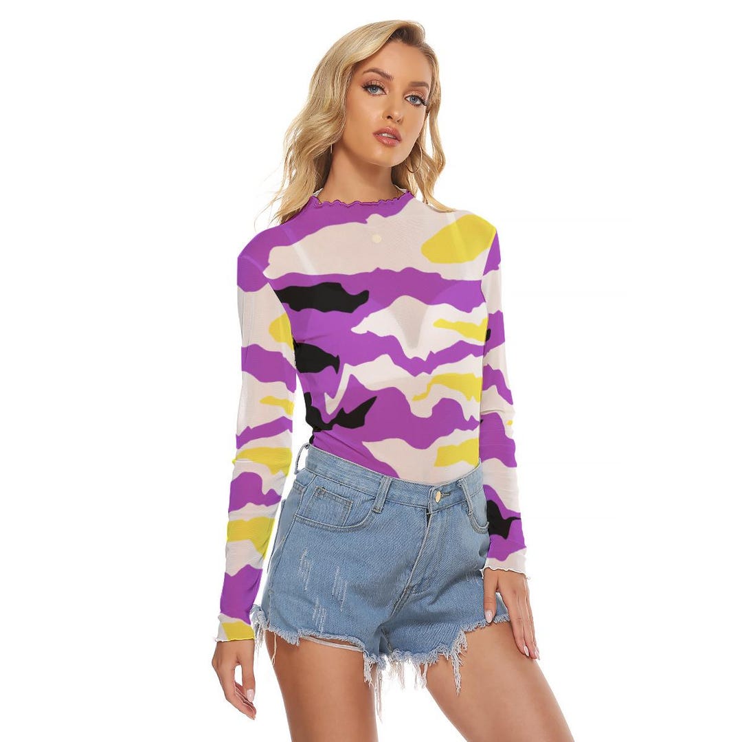 Non-binary Pride Mesh Blouse Long Sleeves Poured Paint Design in Enby ...