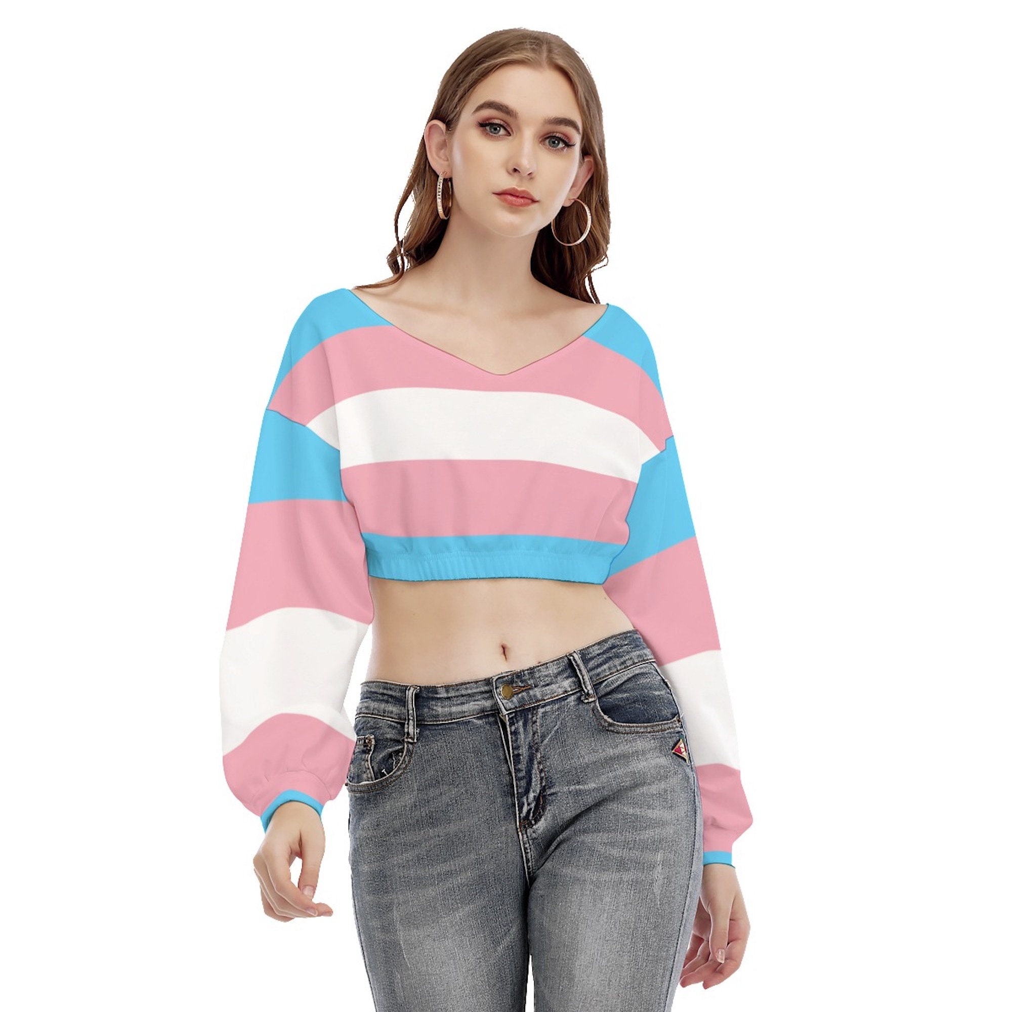 Transgender Pride V-neck Long-sleeved Crop Top, Colors of Transgender ...