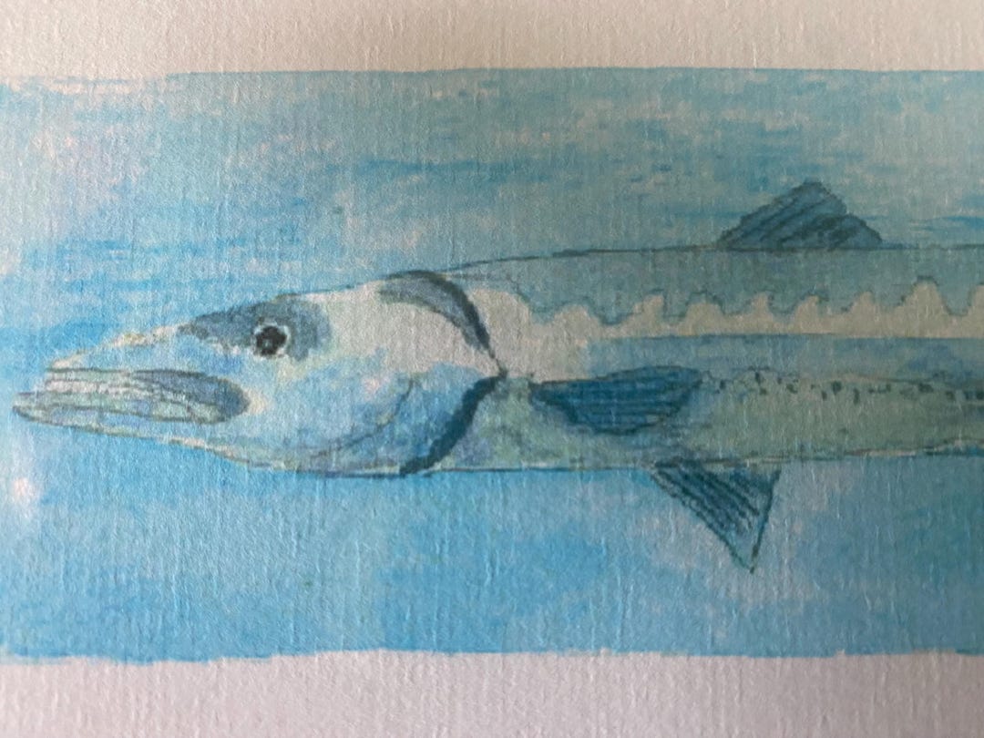 Set of Four Small Fish Themed Lithographs by the Same Artist, Blue and ...