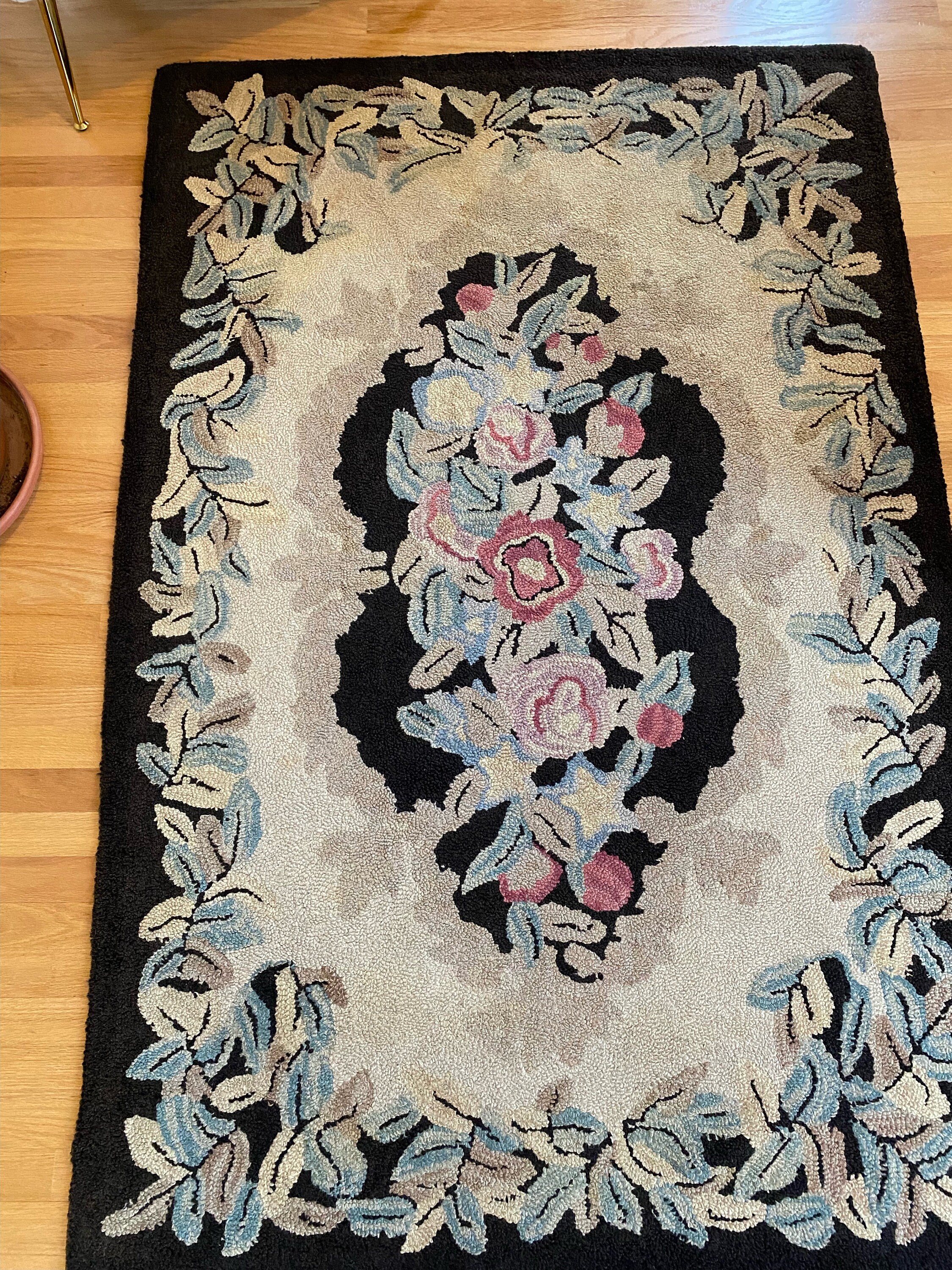 Vintage Hand Hooked Wool Victorian Style Floral Rug With Black Border ...