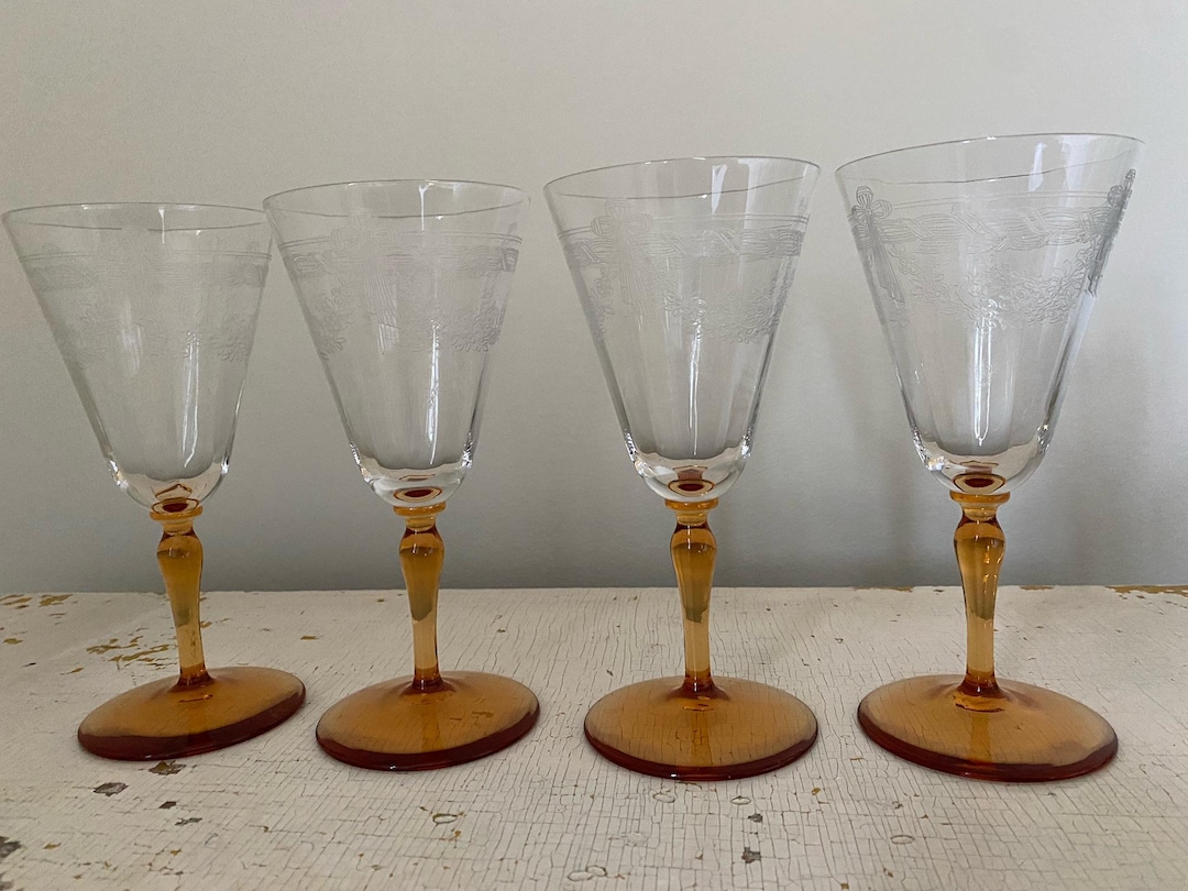 Bryce Amber Base Set of Four Bow Swag Wine Glasses - Etsy