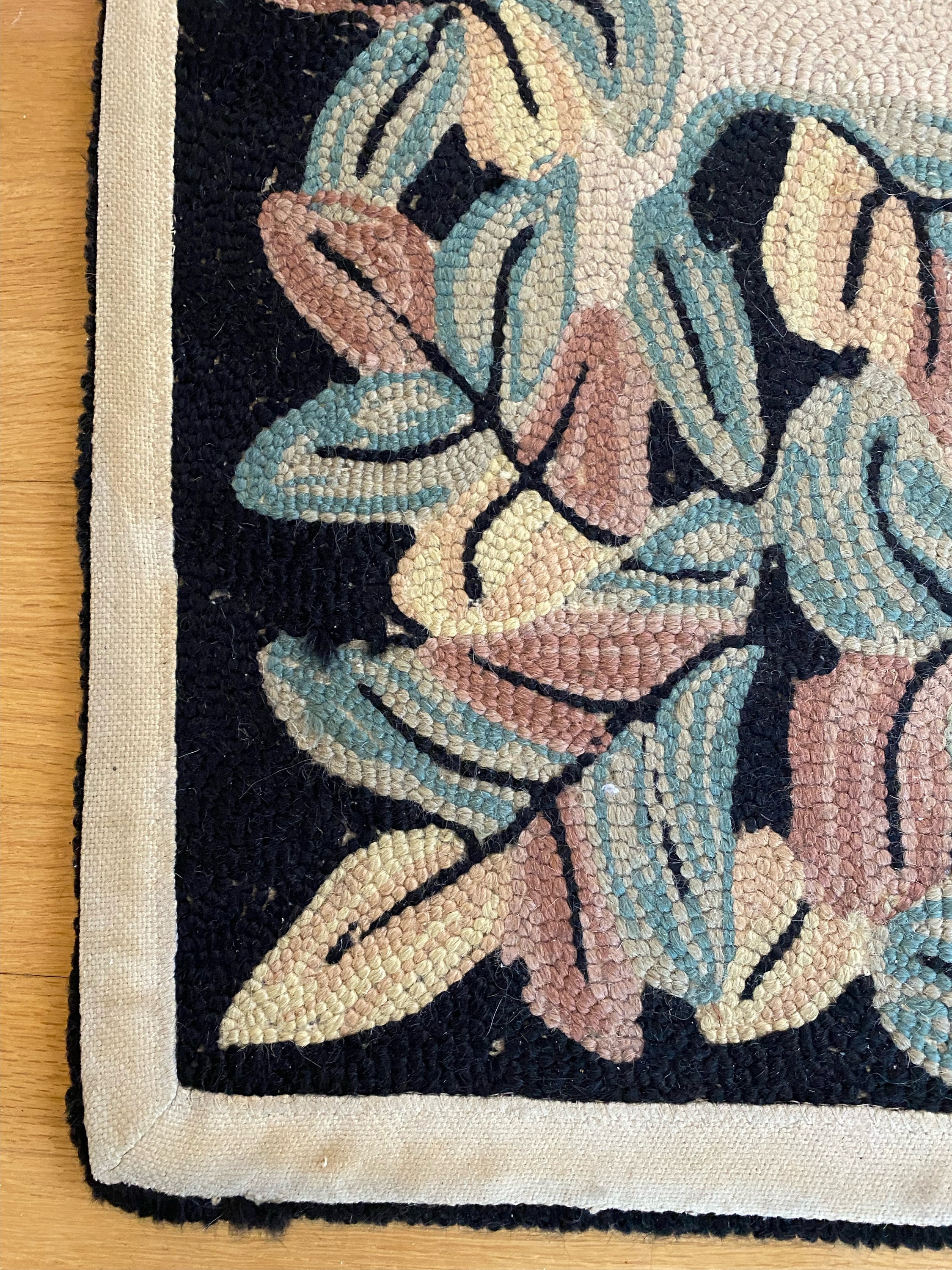 Vintage Hand Hooked Wool Victorian Style Floral Rug With Black Border ...