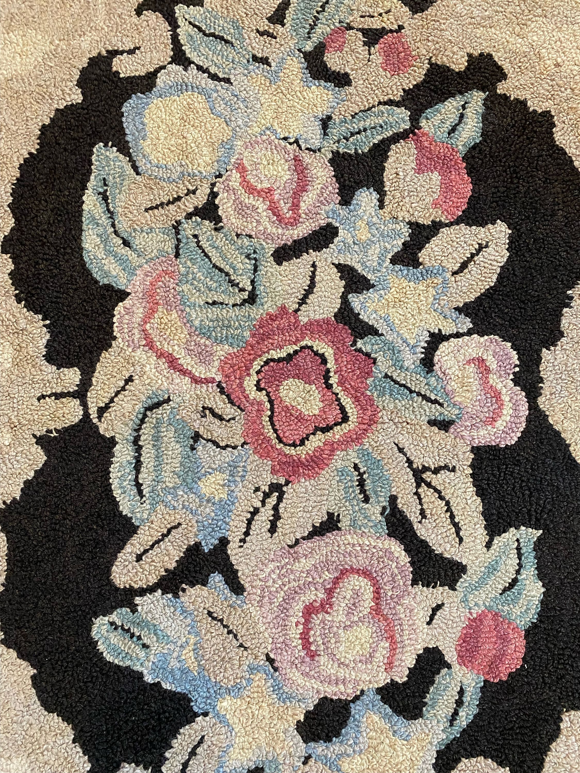 Vintage Hand Hooked Wool Victorian Style Floral Rug With Black Border ...