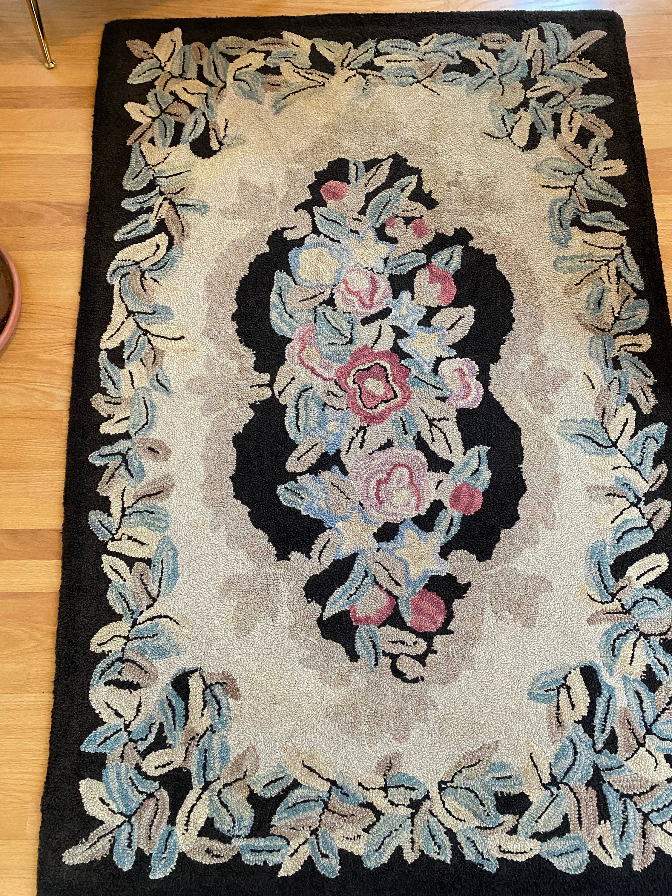 Vintage Hand Hooked Wool Victorian Style Floral Rug With Black Border ...