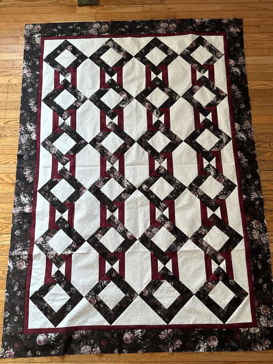 Black Peony and Maroon Chain Quilt. Handmade Full Size 53x76 Inch ...