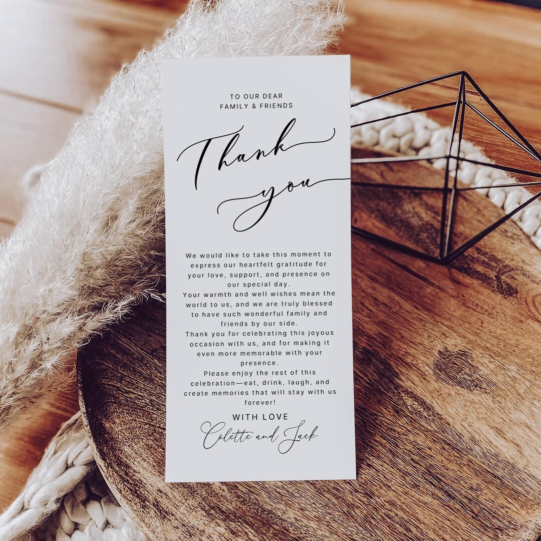 Modern Thank You Letter Card Wedding Napkin Note Wedding Menu Thank You ...