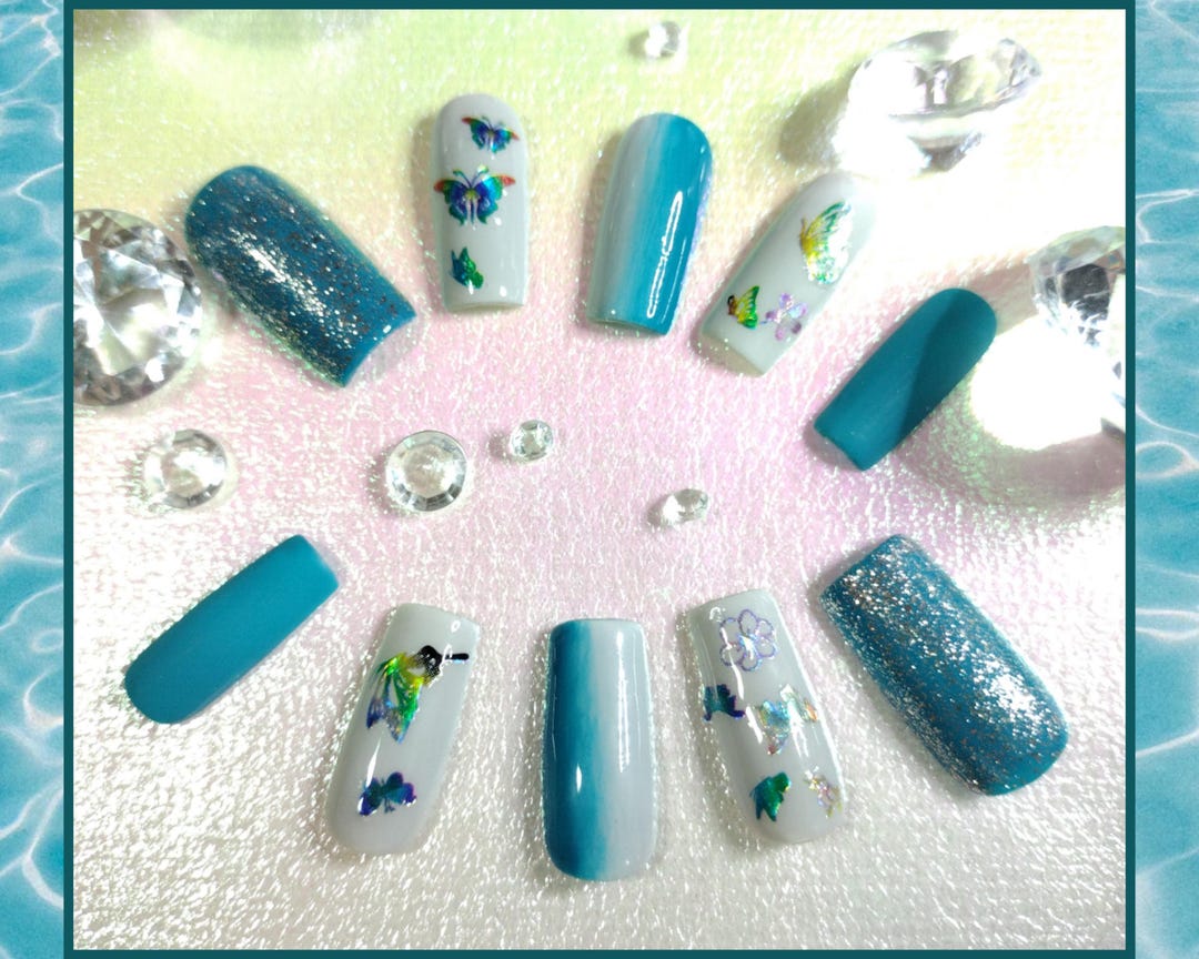 Blue Ombre Square Press on Nails With Butterflies - Etsy