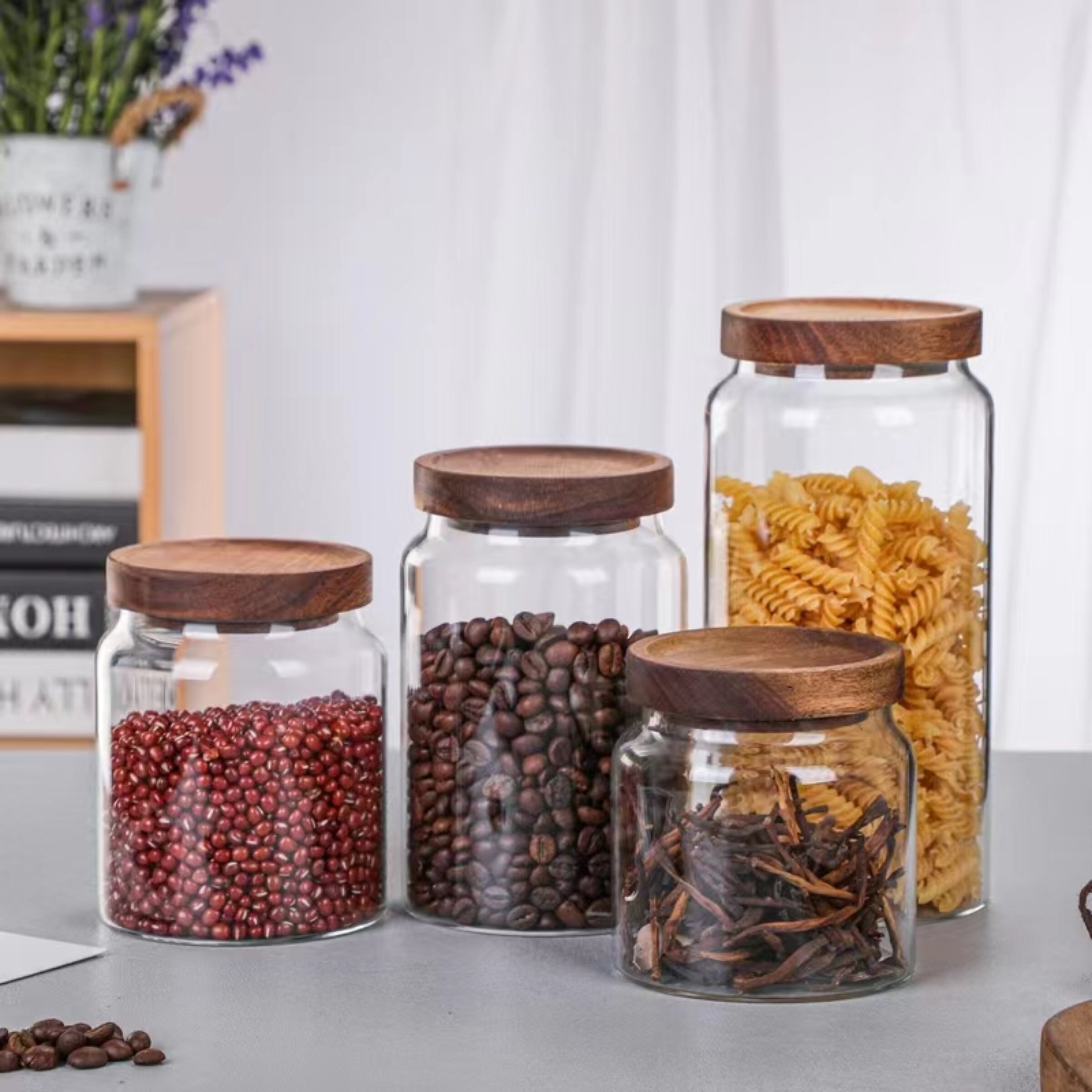 Glass Food Jars Acacia Wood Lid Kitchen Storage Homeware - Etsy