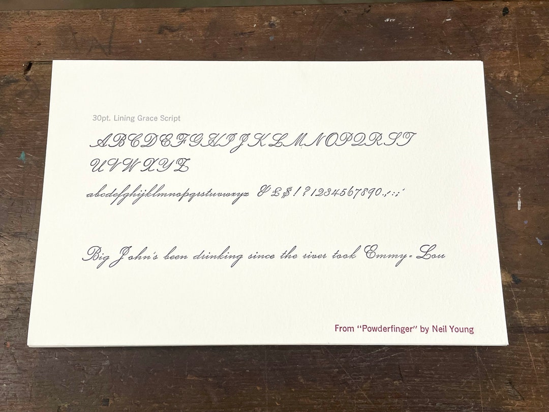 Letterpressed Type Specimen Broadside - 30pt. Lining Grace Script ...