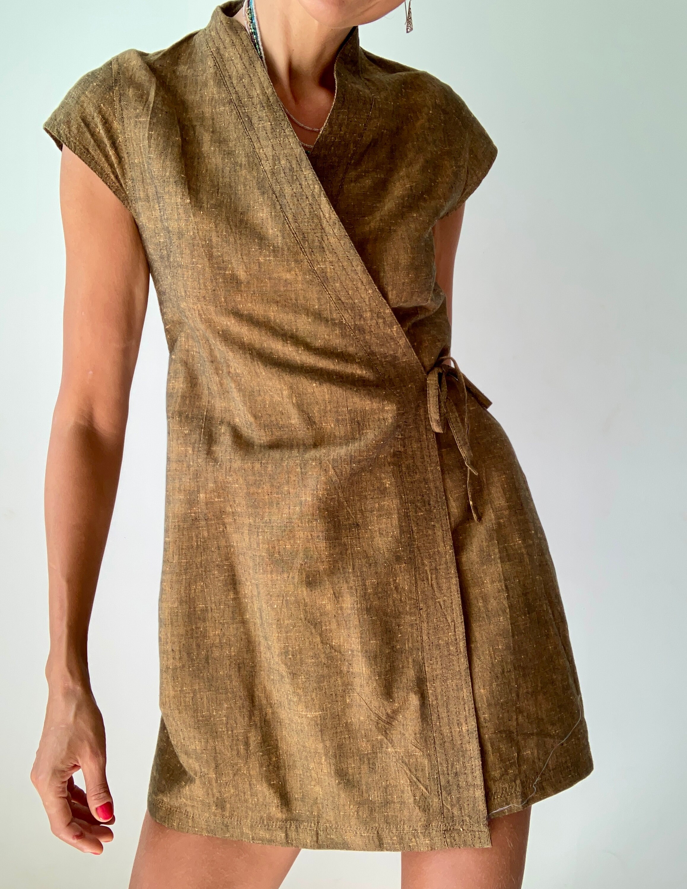 Mini Apron Dress Wrap Tie Waist Dress Retro Comfy Daily Dress Modest ...