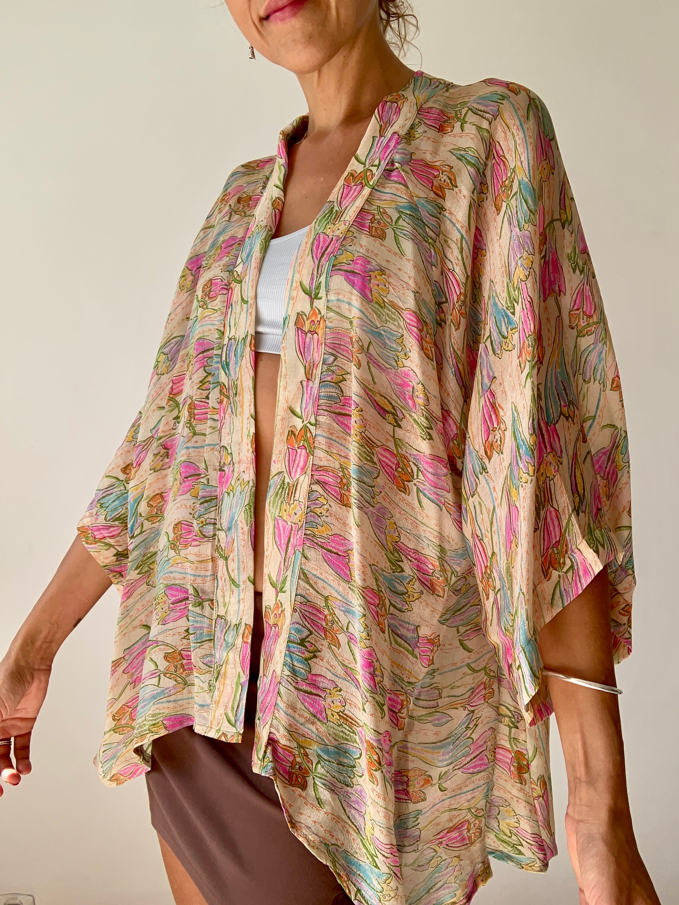 Oversized Shirt Sheer Silk Open Front Topper Loose Wide Light Top ...