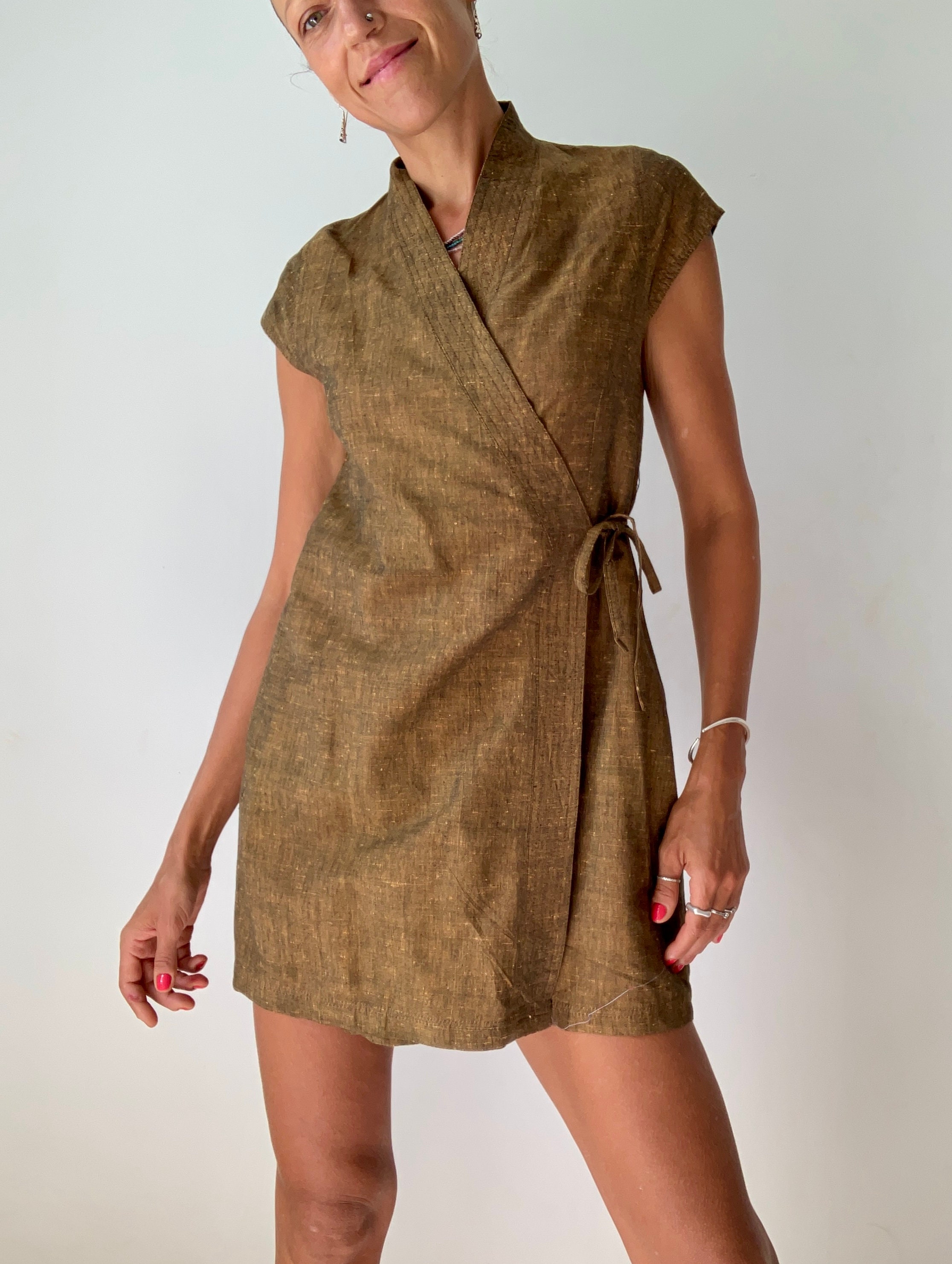 Mini Apron Dress Wrap Tie Waist Dress Retro Comfy Daily Dress Modest ...