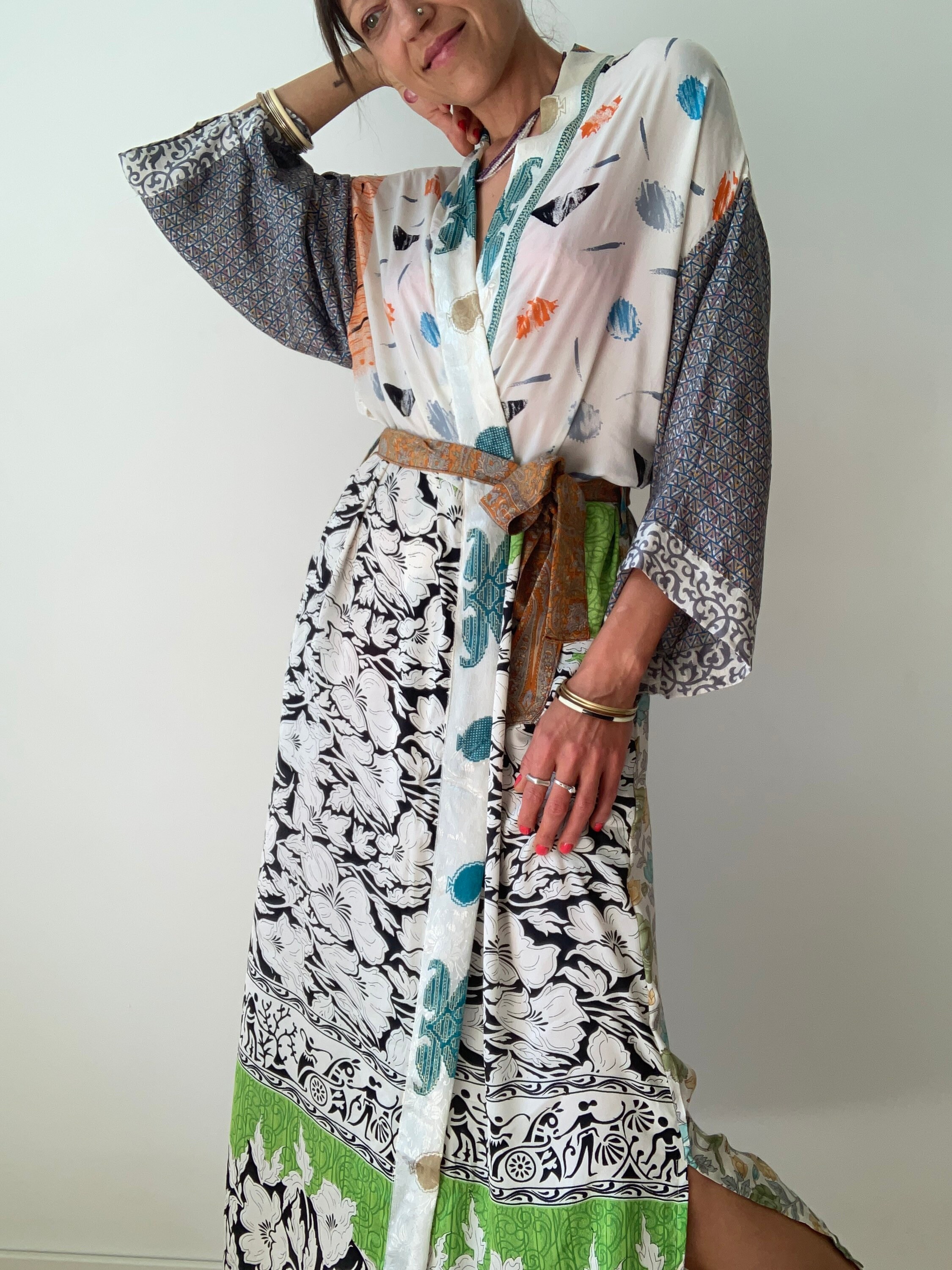 Silk Boho Robe Wrap Tie Patchwork Duster Long Boho Topper One - Etsy