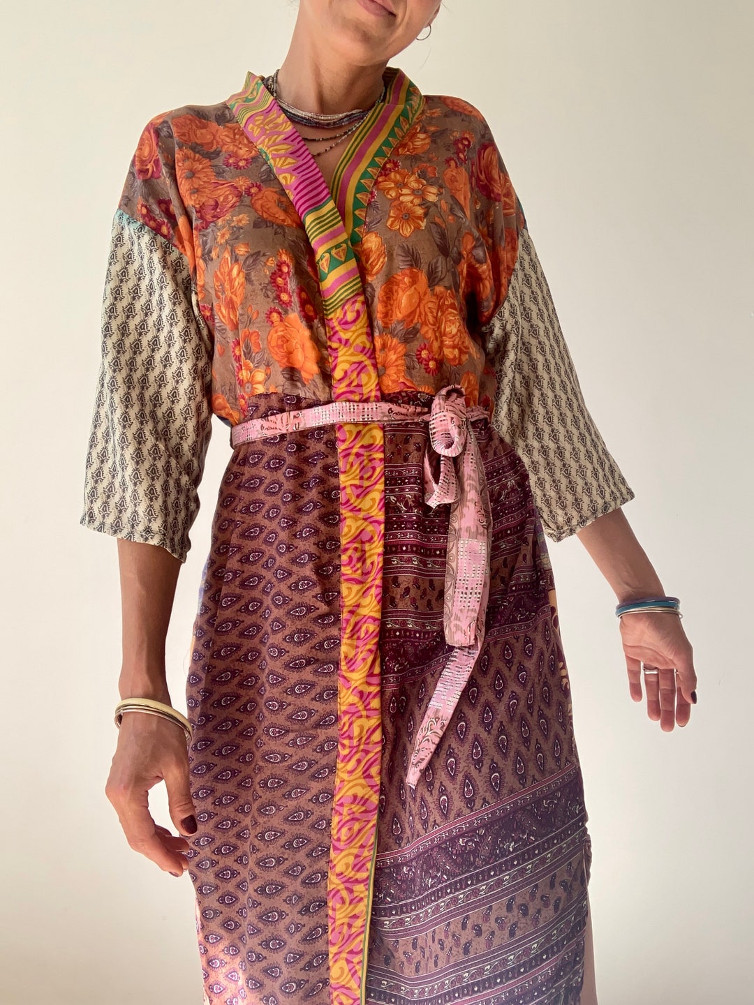 Comfy Midi Robe Patchwork Upcycled Duster Boho Colorful Kimono Day ...