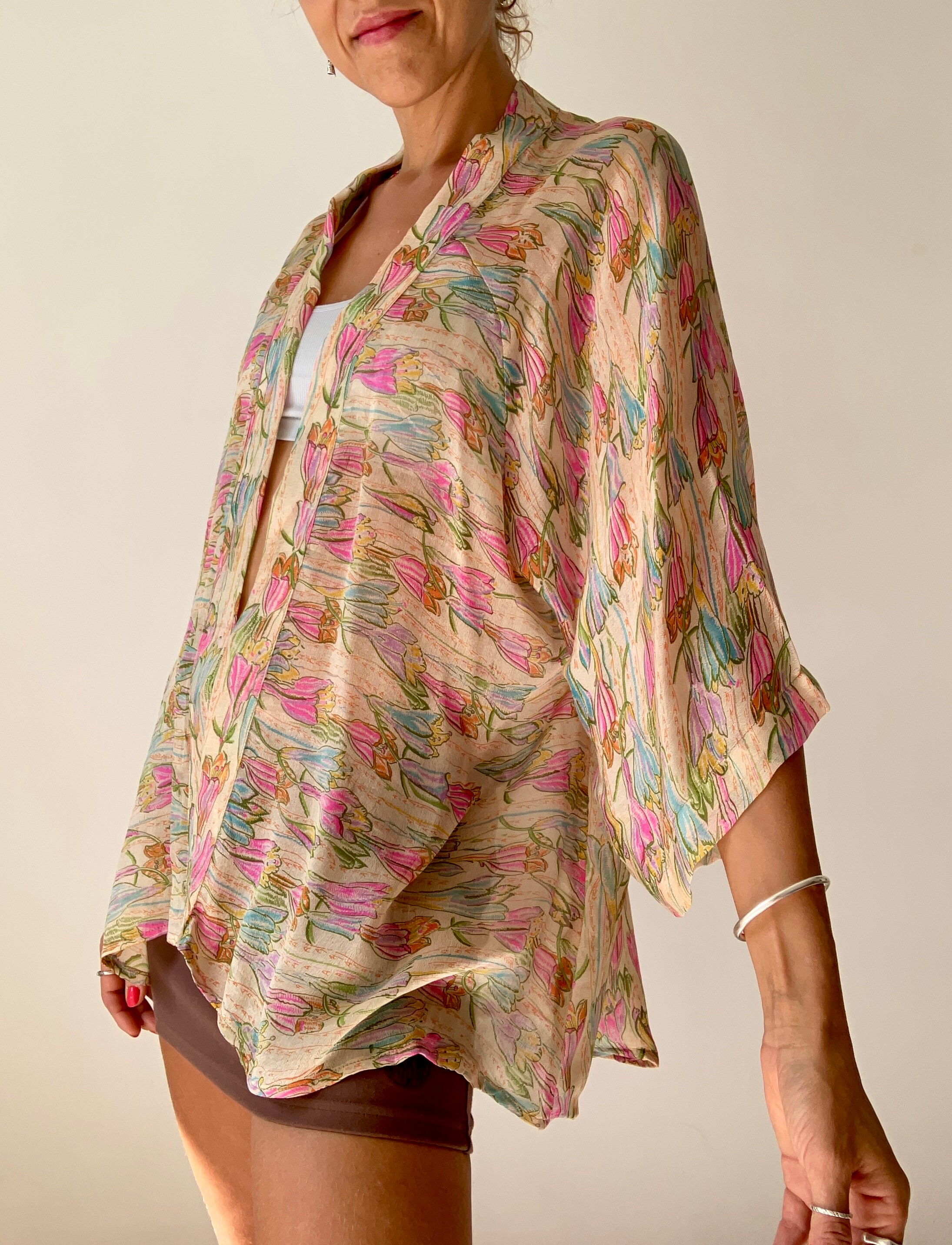 Oversized Shirt Sheer Silk Open Front Topper Loose Wide Light Top ...