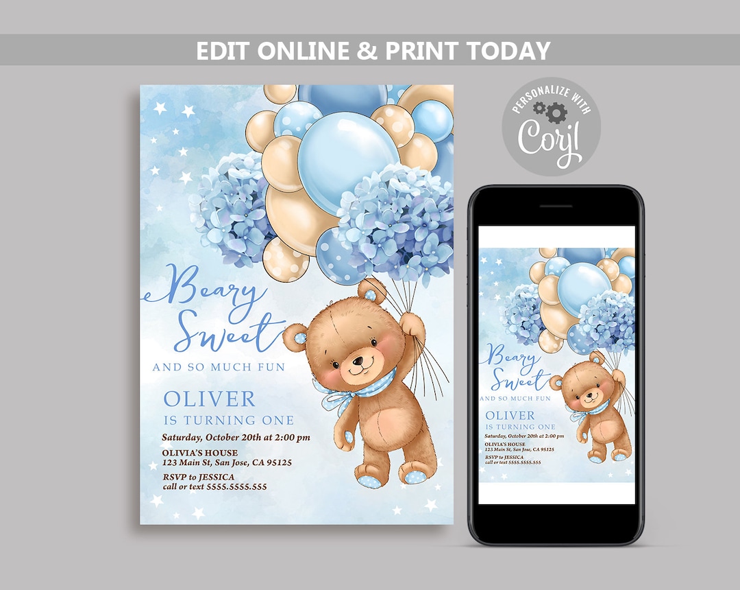 Teddy Bear With Blue Balloons Birthday Invitation, Bear Balloons ...