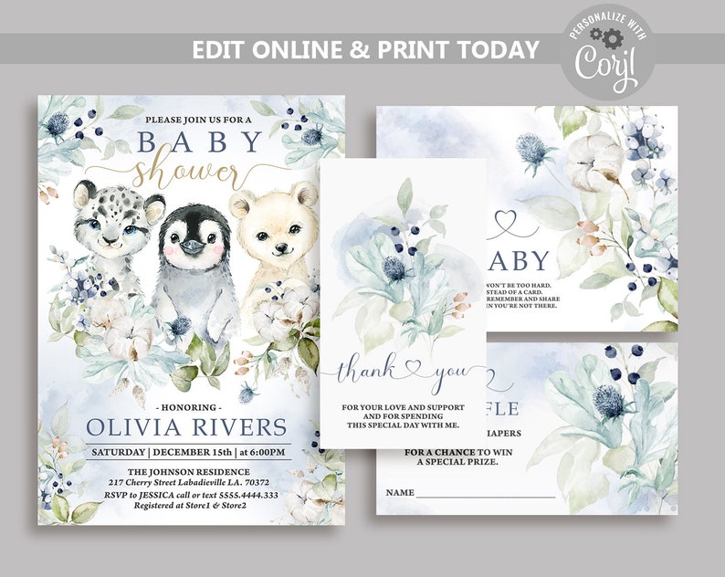 Winter Animal Baby Shower Invitation Set Arctic Animals Theme - Etsy