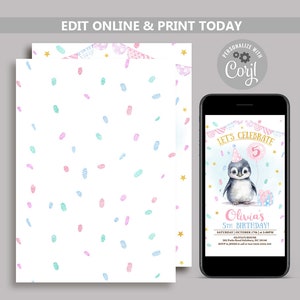 Editable Penguin Birthday Invitation, Winter Party Arctic Animals Girl ...