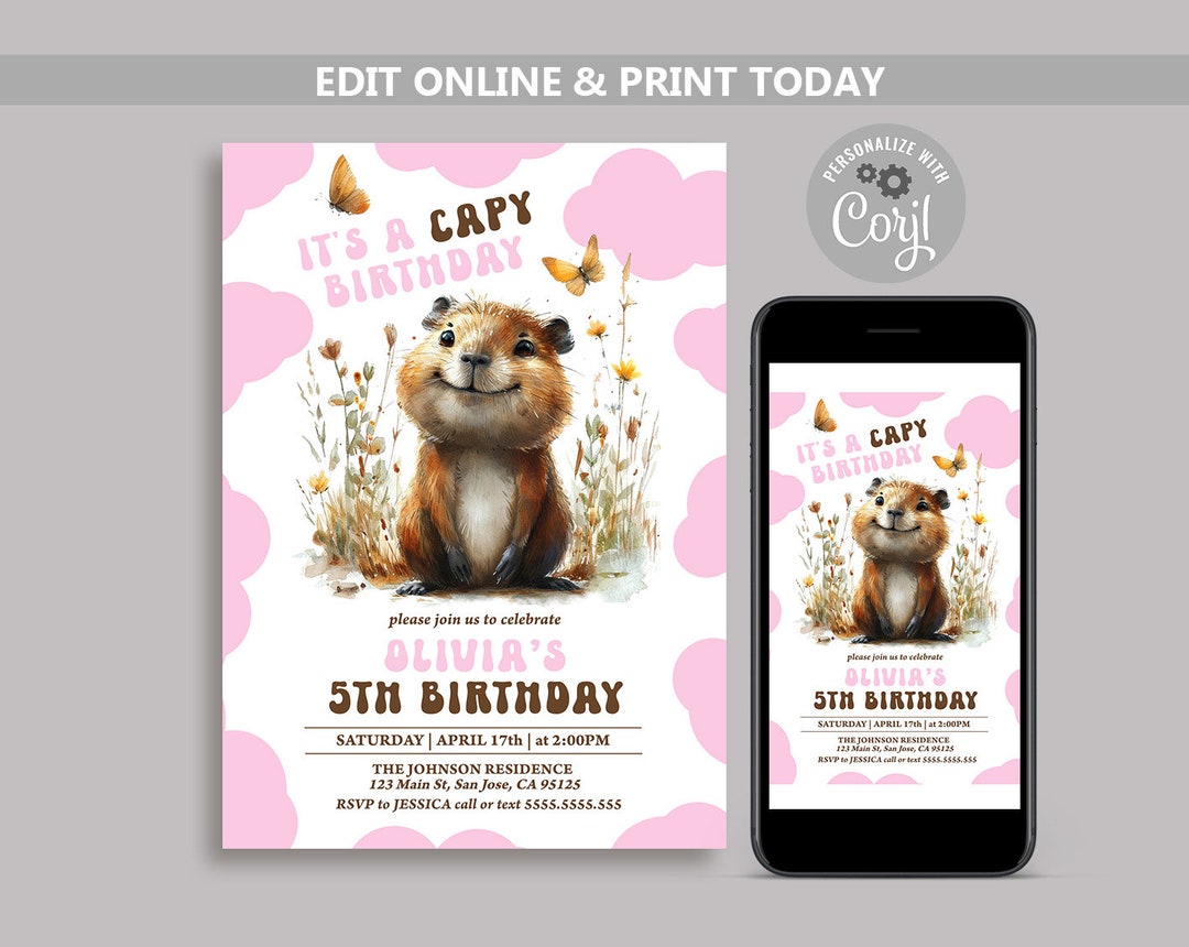 Cute Capybara Birthday Invitation Template, It's a Capy Birthday Party ...