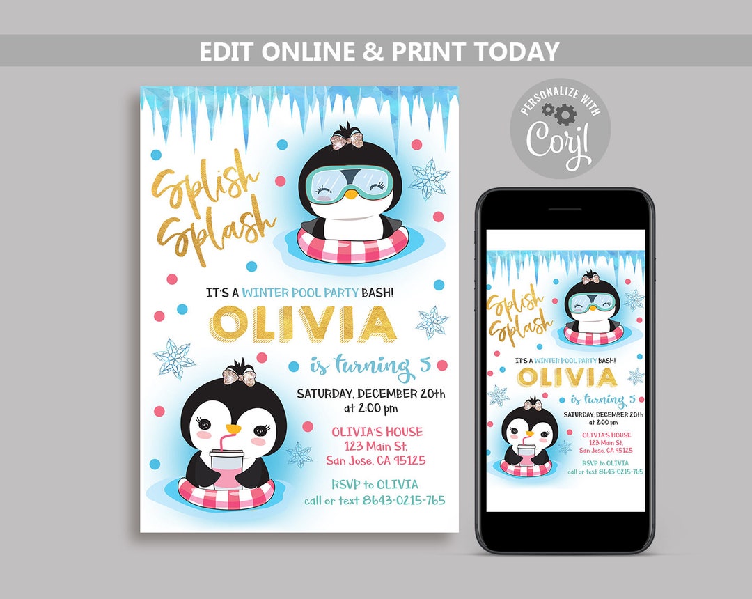 Penguin Pool Party Invitation, Little Penguin Birthday Invite, Winter ...