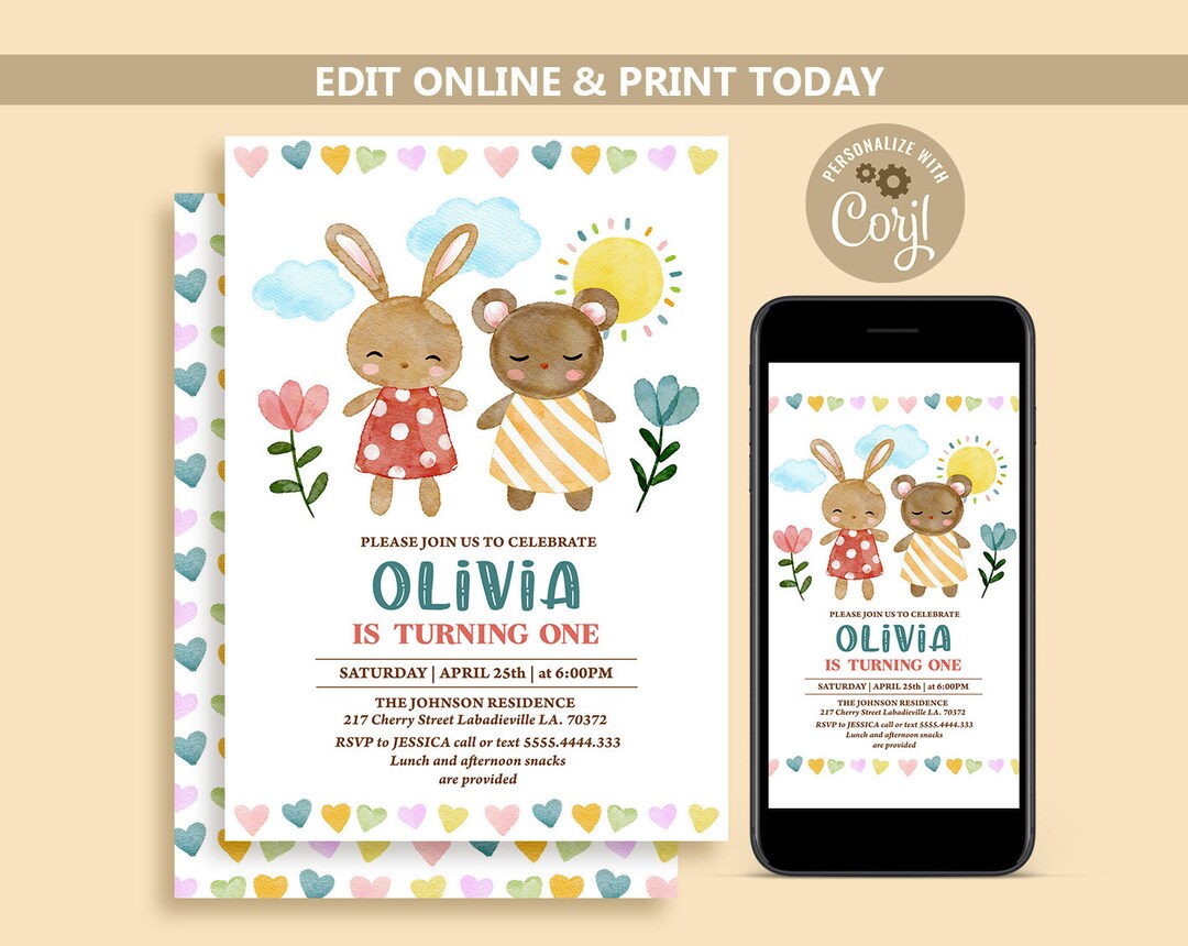 Colorful Bear Bash Invitation, Editable Bear Party Invite, Sunny Bear ...