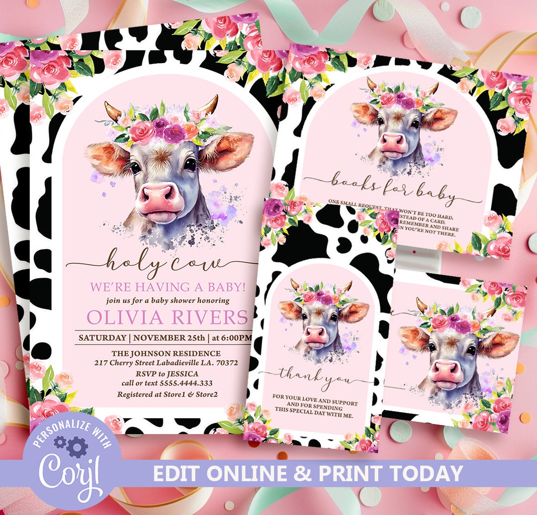 Cow Themed Baby Shower Invitation Bundle, Editable Boho Pink Cow Baby ...