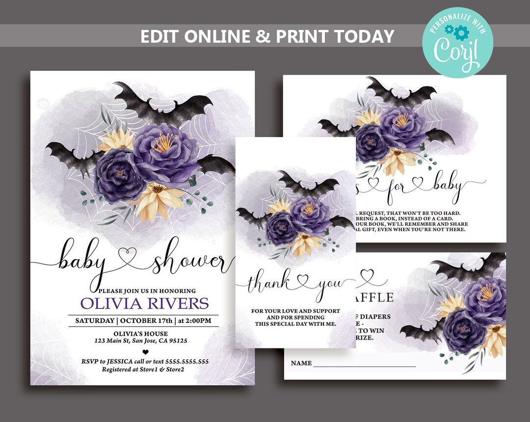 Halloween Baby Shower Invitation Set, Gothic Floral Baby Shower ...