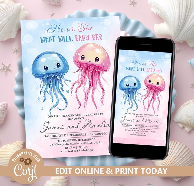 Jellyfish Gender Reveal Invitation, Under the Sea Theme (digital ...