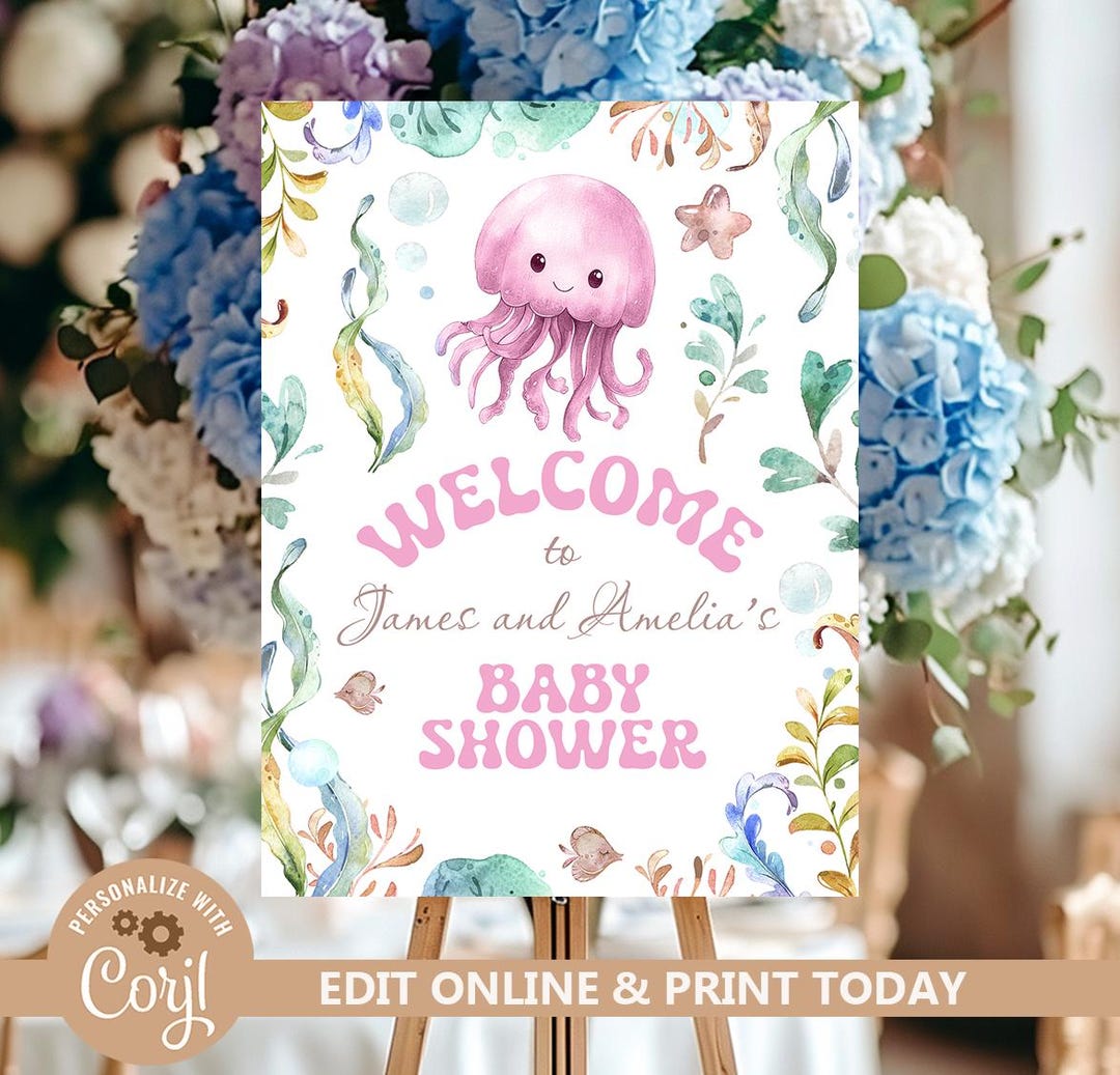 Editable Under the Sea Welcome Sign, Ocean Theme Sign, Pink Jellyfish ...