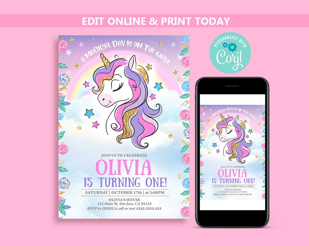Editable Unicorn Invitation, Unicorn Party Invitations, Unicorn ...