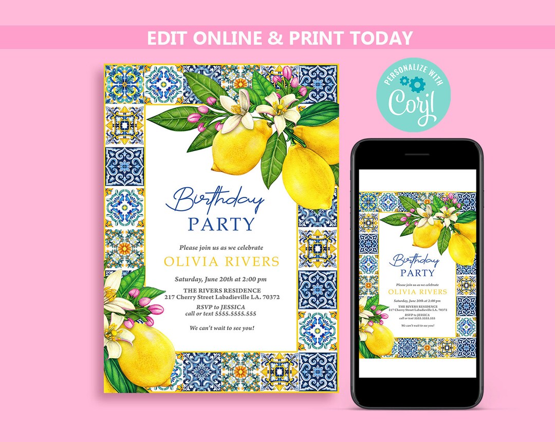Mediterranean Lemon Birthday Invitation: Tuscan Tile (digital Download ...