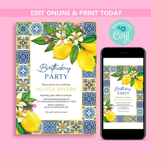 Digital Lemon Mediterranean Birthday Invitation - Etsy