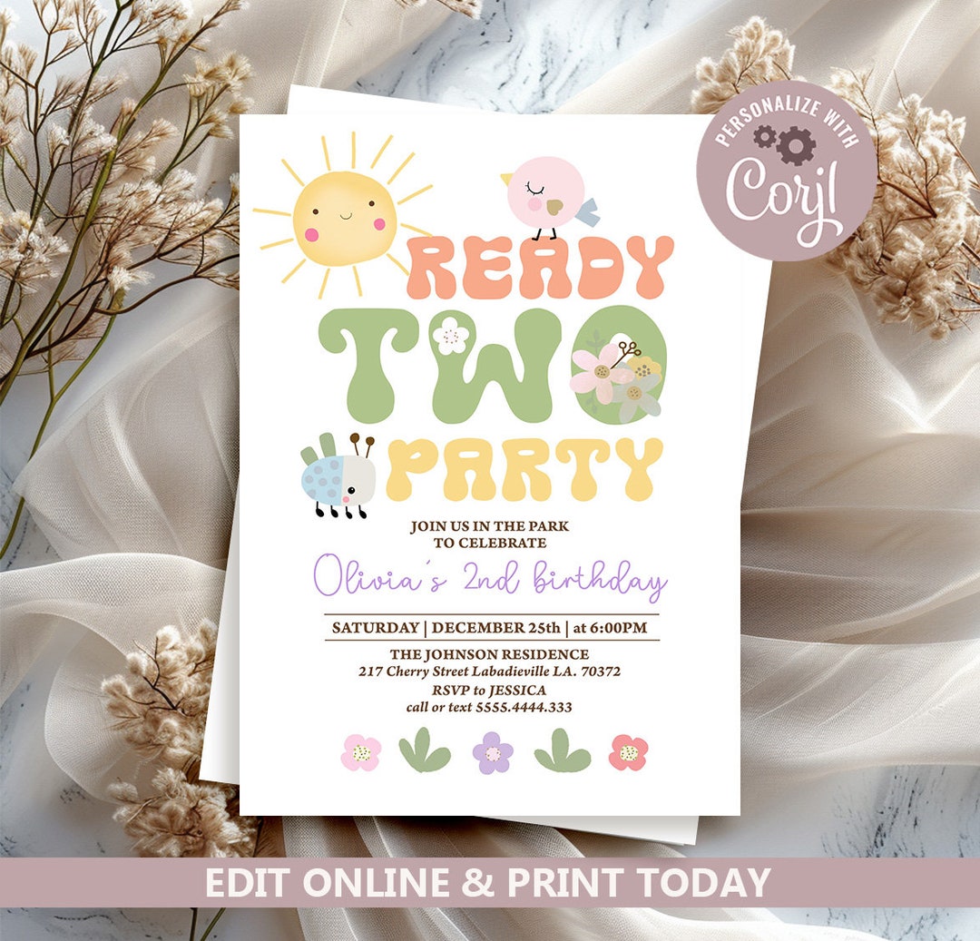 Ready Two Party Invitation Template, Girl 2nd Birthday Invite, Spring ...