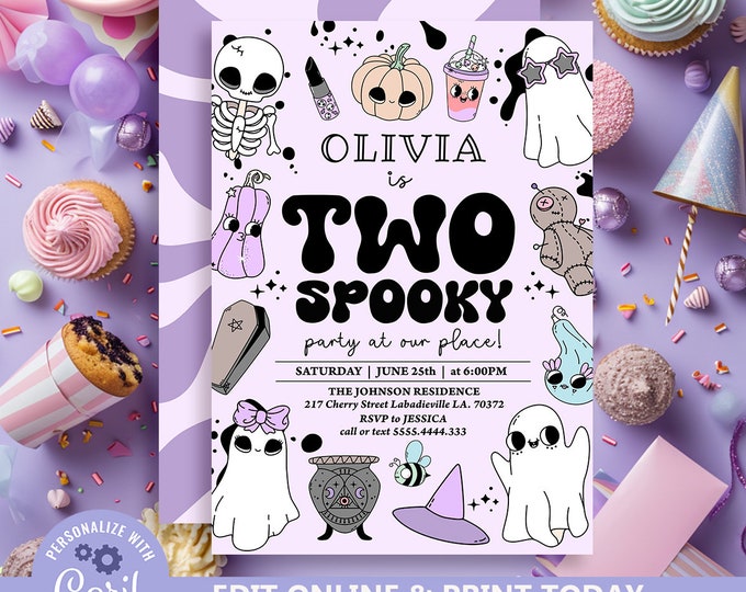 Editable Two Spooky 2nd Birthday Party Invitation Cute Pink Pastel ...