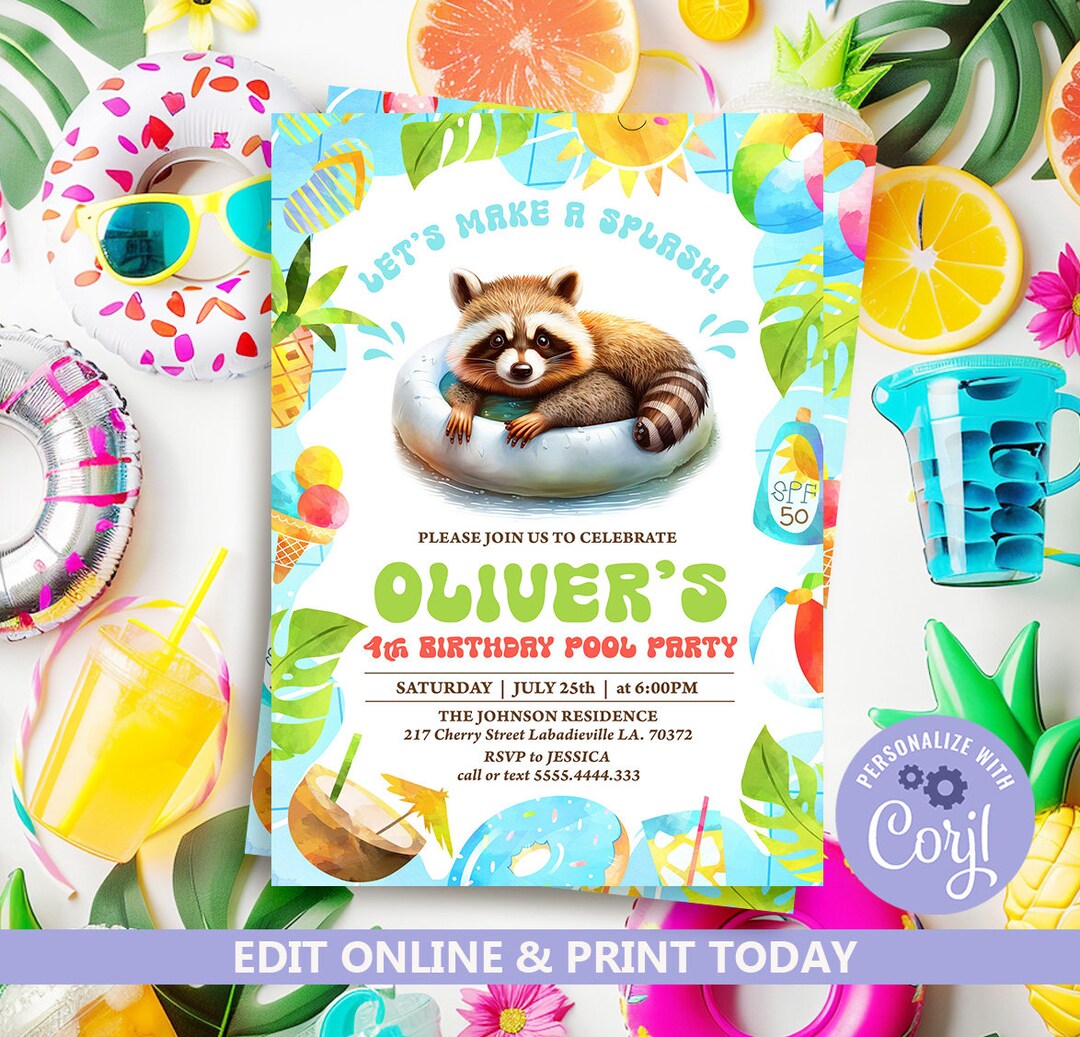 Editable Raccoon Pool Party Invitation, Racoon Pool Invitation Template ...
