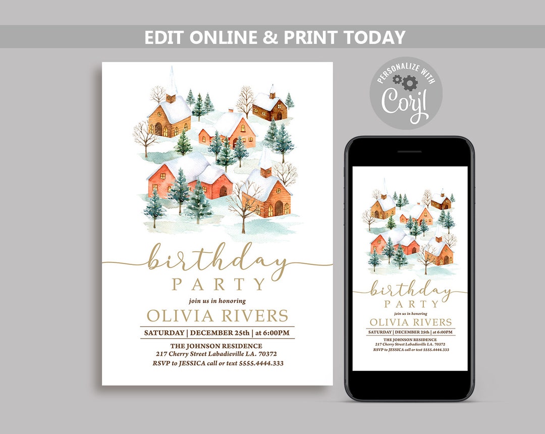 Rustic Christmas Birthday Party Invitation, Winter Birthday Invitations ...
