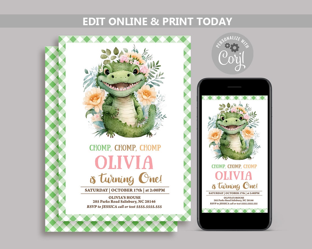 Editable Alligator Birthday Invitation: Preppy Crocodile Invite ...