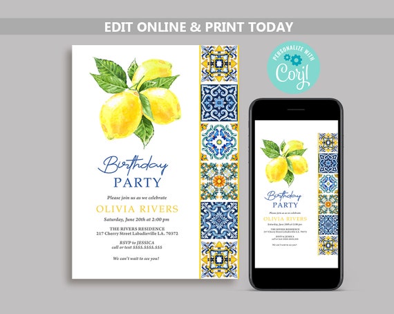 Blue Tiles Lemon Birthday Invitation Mediterranean Lemon - Etsy Australia