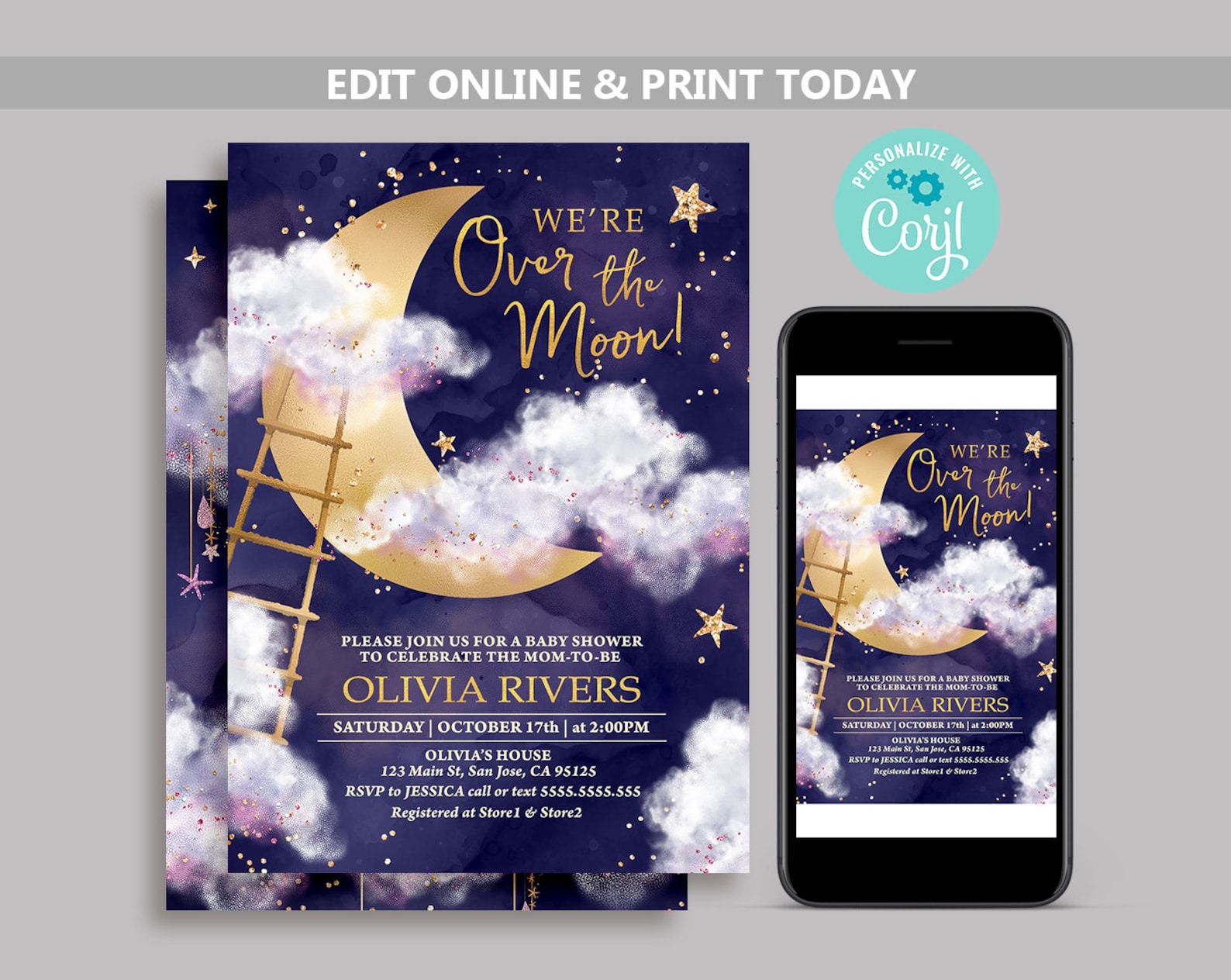 Over the Moon Baby Shower Invitation Set Editable Faux Gold - Etsy