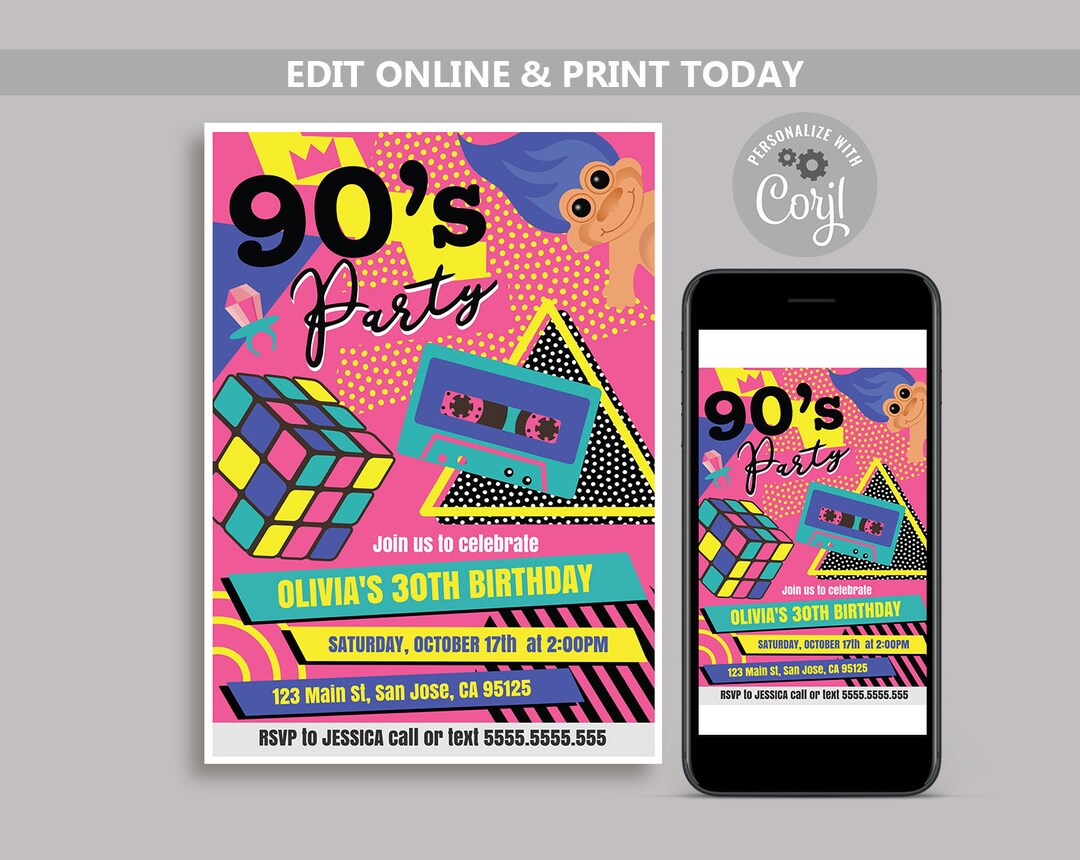 Retro 1990s Birthday Invite, 90s Theme Party, 90s Invitations, 90s ...