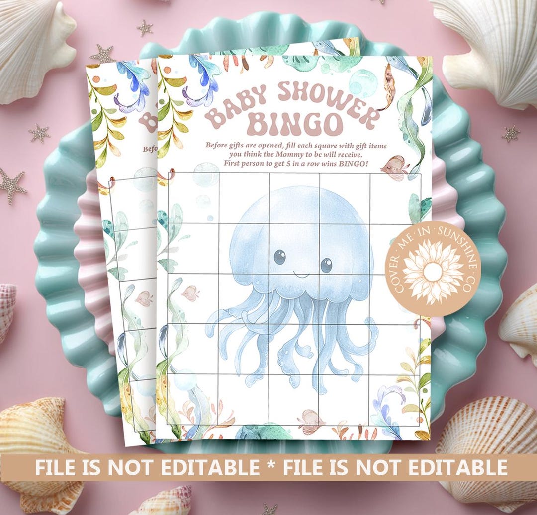 Under the Sea Baby Bingo Card, Blue Jellyfish Bingo Game Ocean Theme ...