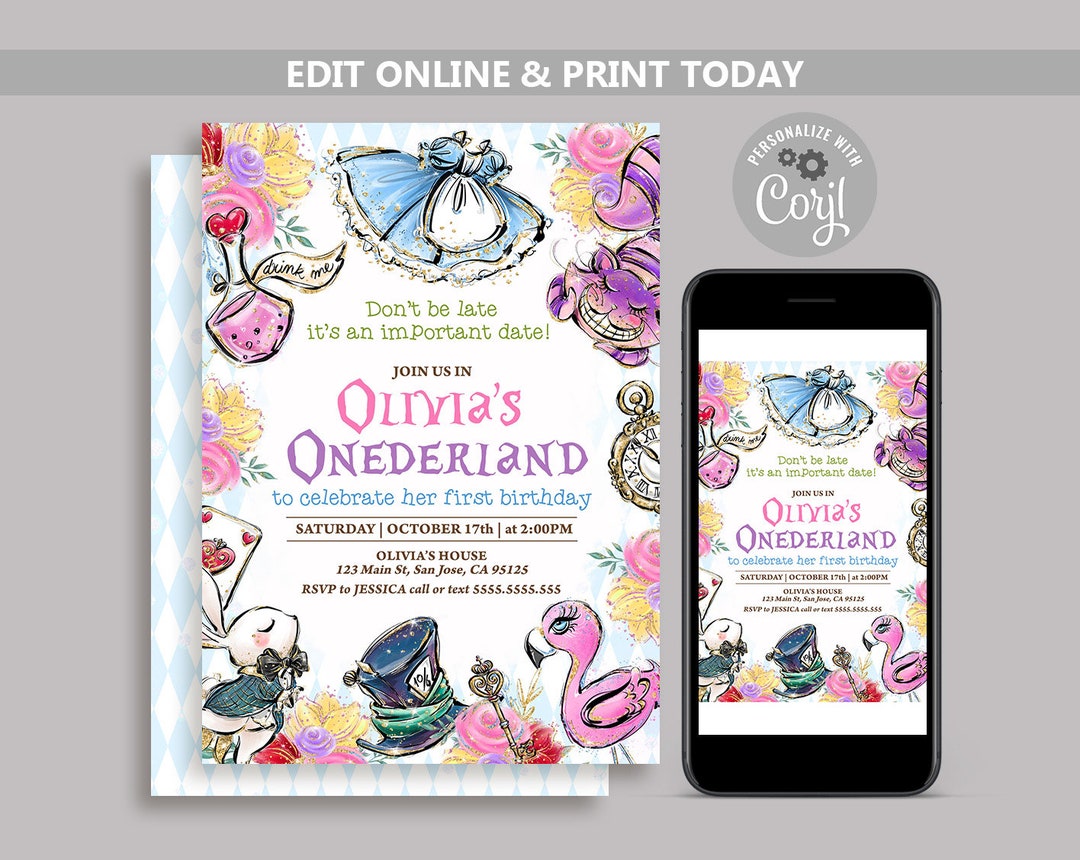 Alice in Wonderland Invitation Template, Alice in Onederland 1st ...