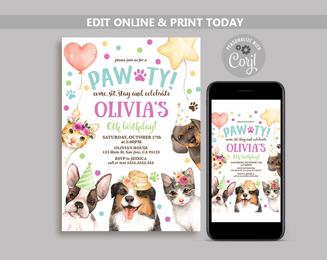 Cats and Dogs Birthday Invitation: Kitten Puppy Pawty (digital Download ...