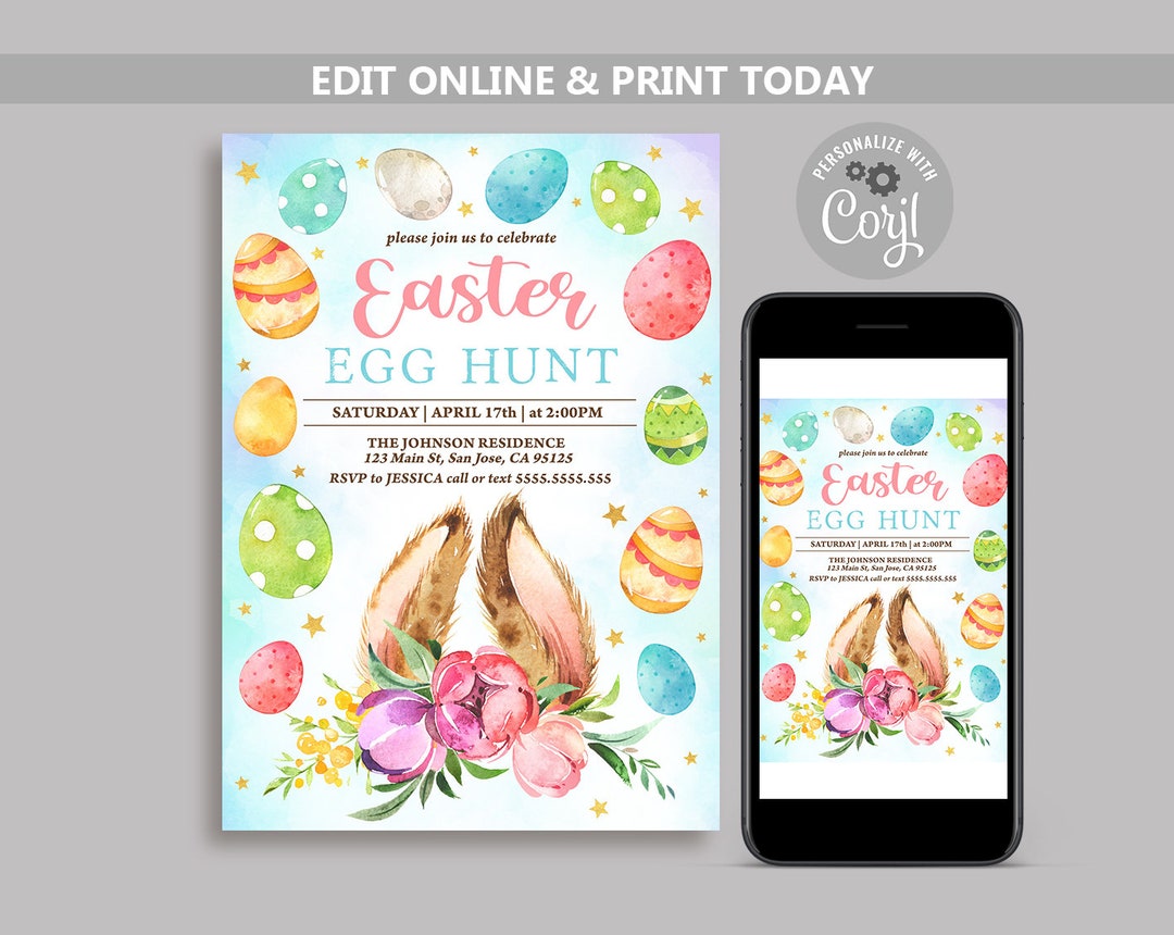 Editable Easter Egg Hunt Invitation, Bunny Eggs Gold Easter, Easter ...