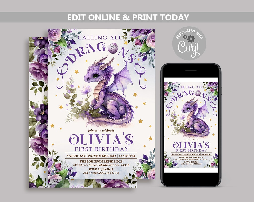 Purple Dragon Birthday Invitation, Editable Magical Dragon & Flowers ...