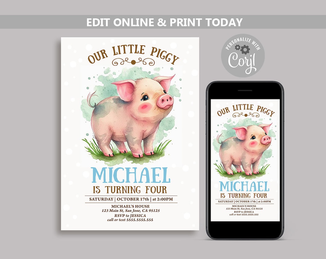 Pig Birthday Invitation Template, Editable Pig Birthday Invites, Farm ...