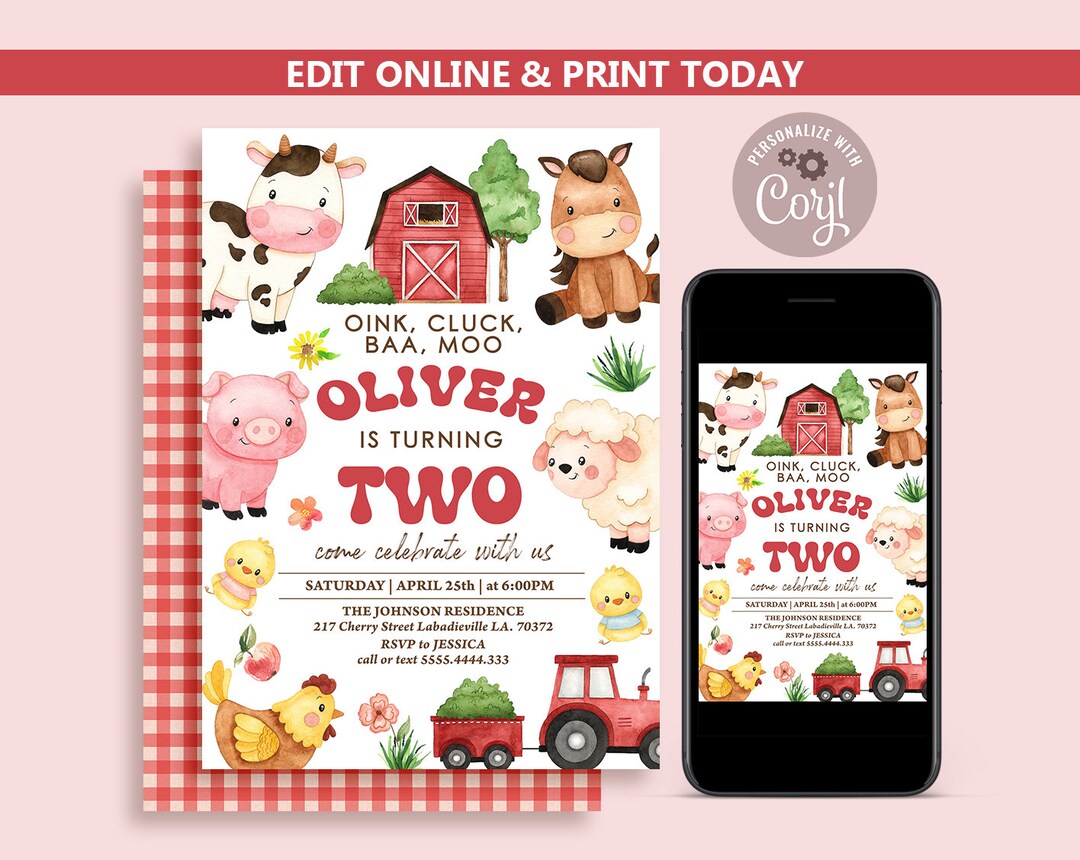 EDITABLE Farm Birthday Invitation, Barn Animals Party Invite Template ...