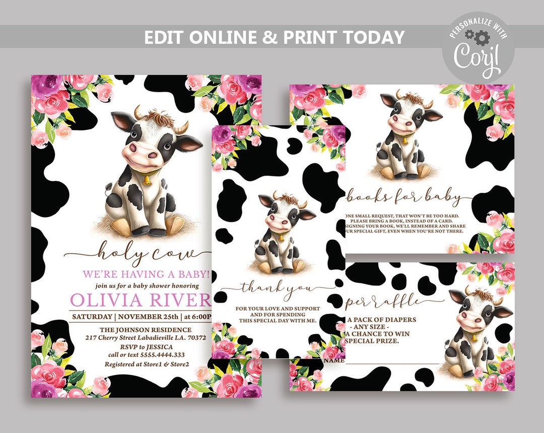 Holy Cow Baby Shower Invitation Bundle, Floral Cow Print Girl Baby ...