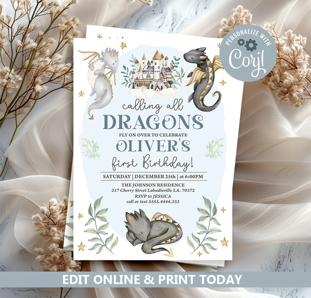 Editable Dragon Birthday Invitation, Magical Black Dragon Invite ...