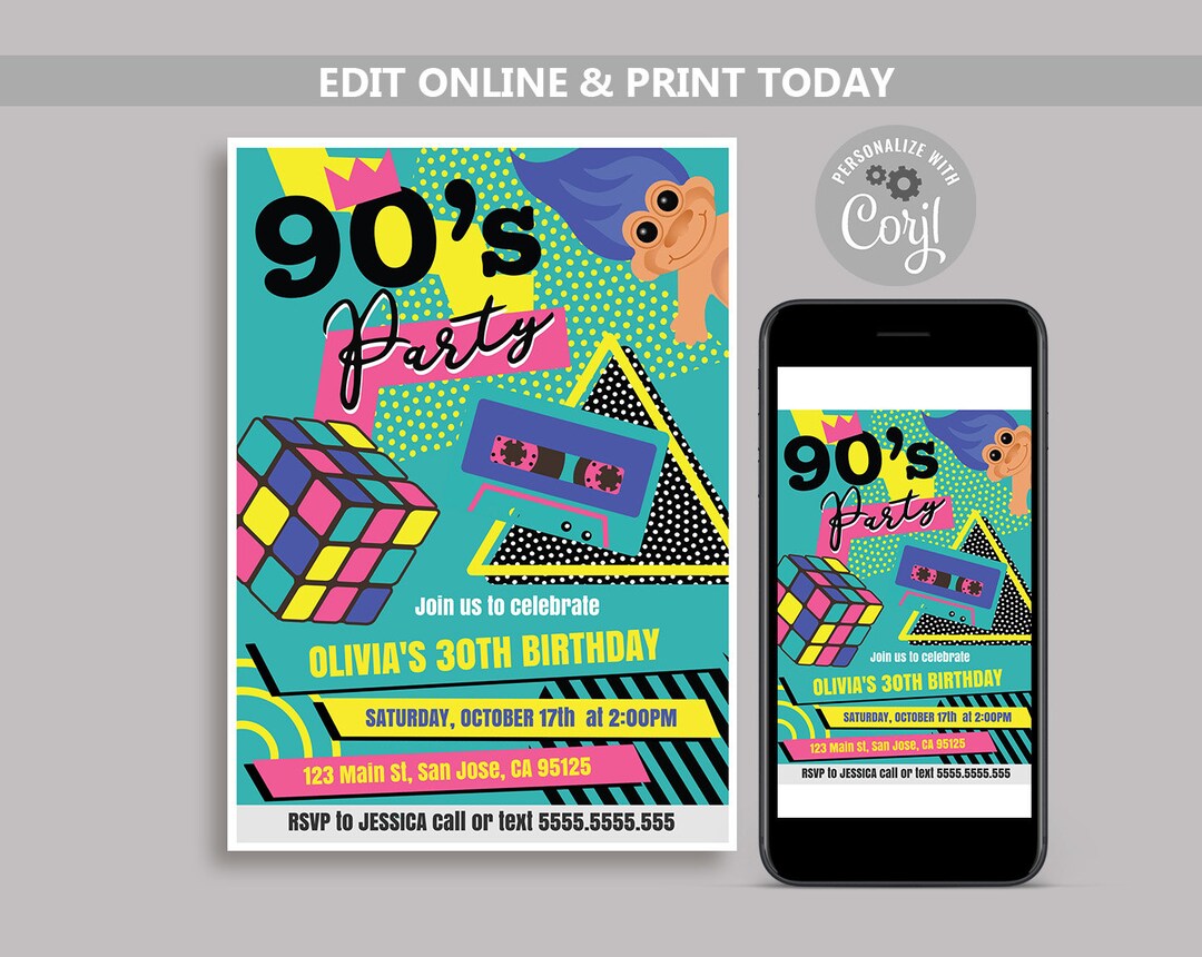 90s Invitations, 90s Birthday Party Invitation, Retro 1990s Birthday ...